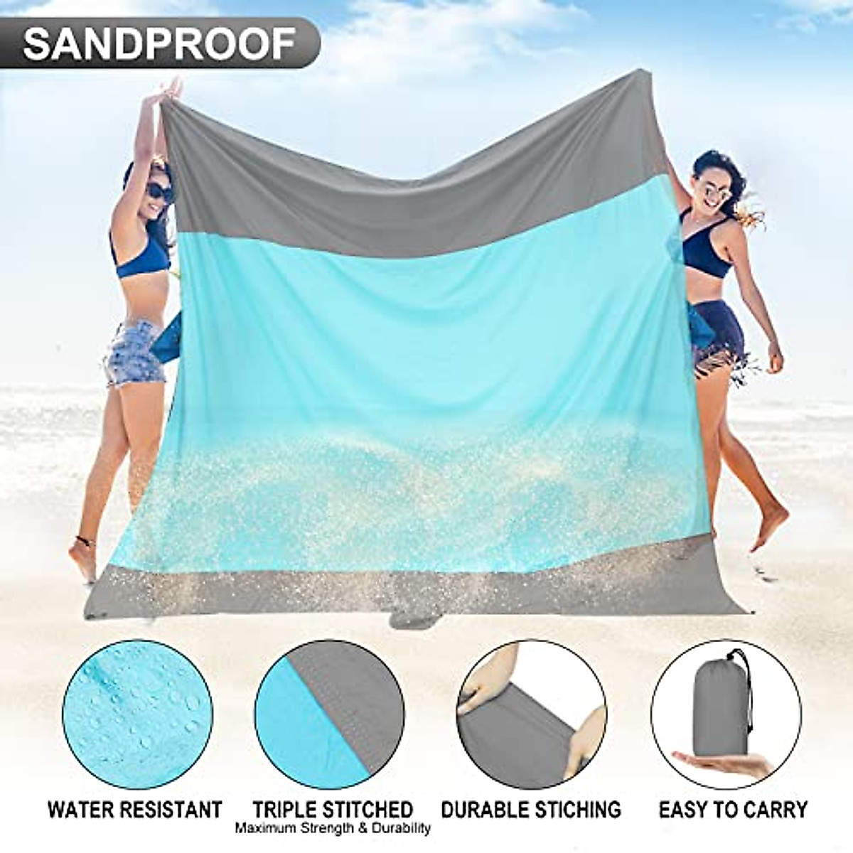 Buheco Beach Blanket Waterproof Sandproof Oversized Beach Mat Sand Free 10x9ft with 4 Stakes and 8 Pockets-Outdoor Extra Large Foldable Lightweight Picnic Blanket for Vacation-Camping-Hiking-Travel