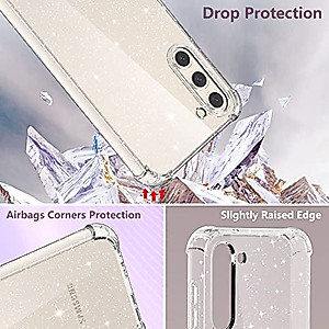 KSWOUS for Samsung Galaxy S23 Plus Case Glitter Clear with Screen Protector[2 Pack], [Military Protection] Bling Sparkly Cute Bumper Shockproof Slim Cover for Women Girls