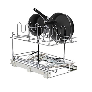 Household Essentials C42617-1 Glidez 2-Tier Pot and Lid Kitchen Cabinet Organizer | 21 in D x 14.1 in W x 16.2 in H | Chrome Wire, Silver
