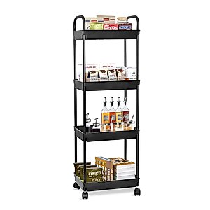 WASJOYE 4-Tier Plastic Rolling Utility Cart with Handle, Black Home Kitchen Office Storage Trolley Cart with Wheels (14 * 8.9 * 45.3 Inch)
