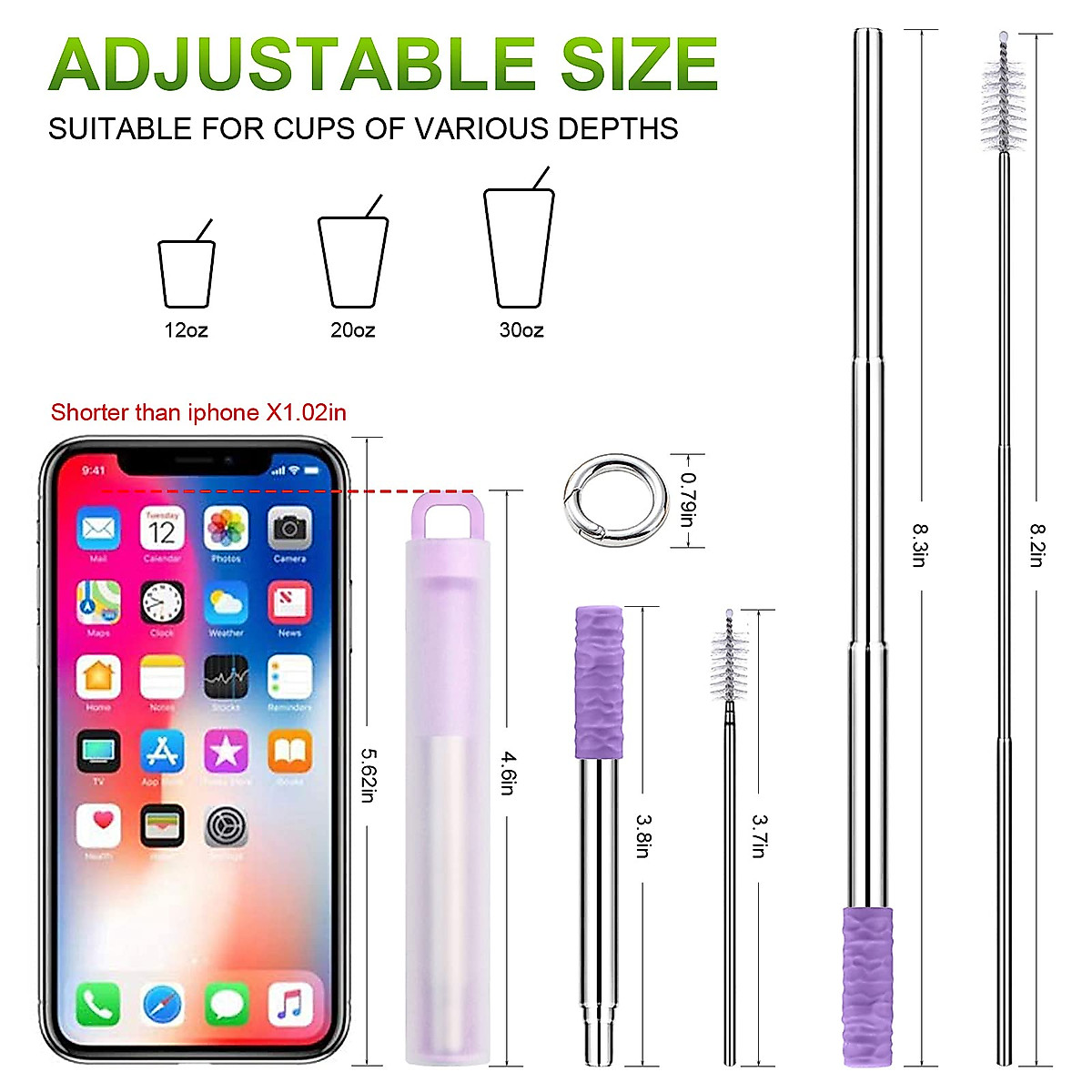 LOIVFET Metal Straws 3 Pack Reusable Collapsible Stainless Steel Straw Portable Telescopic Straws Drinking Easy to Clean with Silicone Tips,Travel Case,Keychain,Cleaner Brush(Green & Blue & Purple)