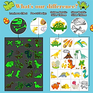 Leesgel Dinosaur Temporary Tattoos for Kids, Dinosaur Stickers, Dinosaur Birthday Party Supplies Decorations (37 Styles Glow + Metallic Glitter)