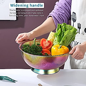 Kyraton Rainbow Colander 5 Quart, Professional Titanium Colorful Plating Stainless Steel Strainer with Heavy Duty Handles and Self Draining Solid Ring Base, Easy Clean and Dishwasher Safe