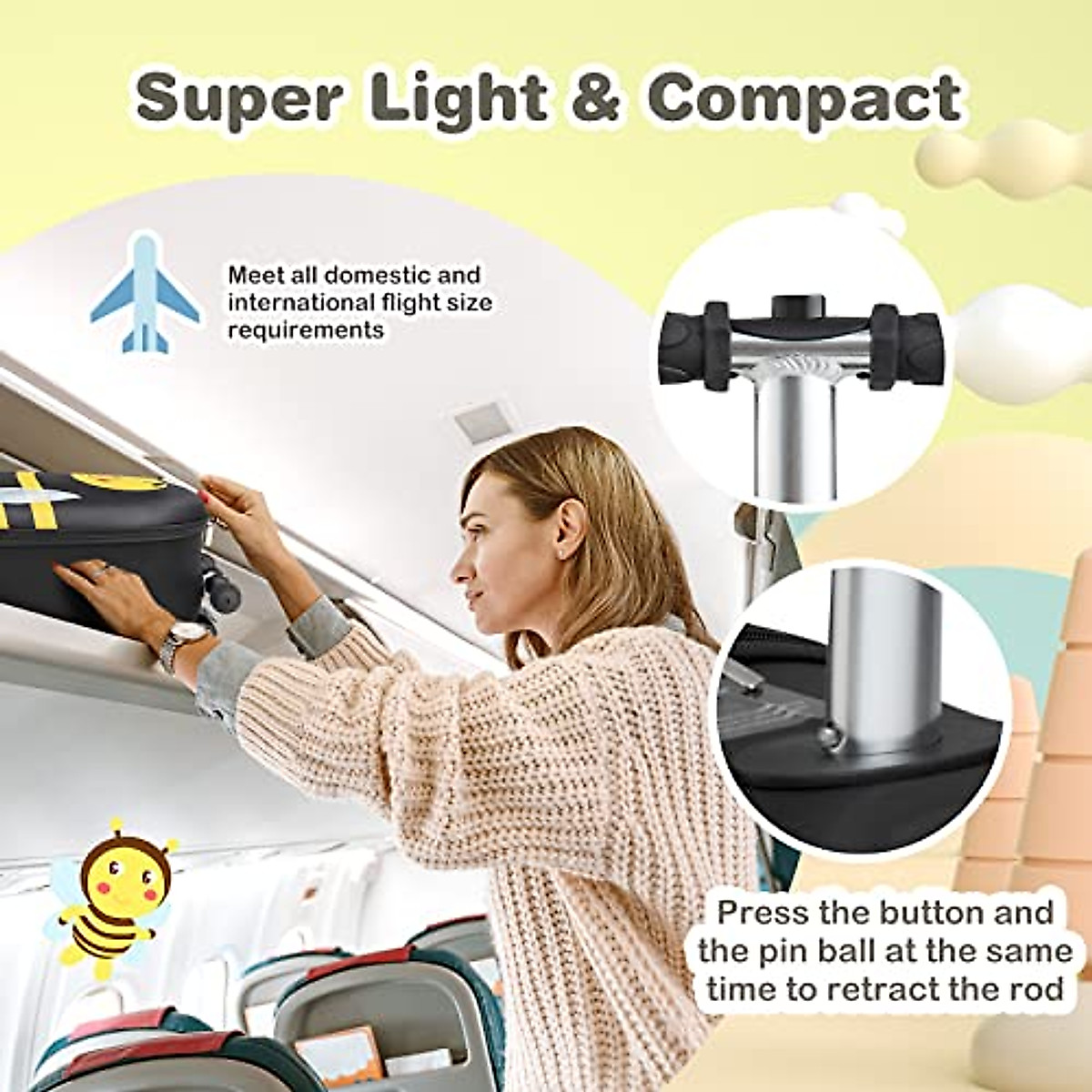 Goplus 2-in-1 Ride On Suitcase Scooter for Kids, Carry on Luggage with LED Flashing Wheels, Waterproof Shell, Retractable Steering Handle, Lightweight Folding Scooter for Boys Girls Travel (Bee)