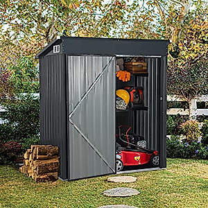 Verano Garden 5'x3' Outdoor Storage Shed, Galvanized Metal Steel Garden Shed W/Lockable Door, Small Waterproof Storage Shed for Backyard, Patio, Lawn (5' x 3',Black)