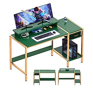 MINOSYS Gaming Computer Desk with Storage,Monitor Stand 47” Small, Writing Desk for 2 Monitors, Adjustable Storage Space, Modern Design Corner Table for Home Office, Green.