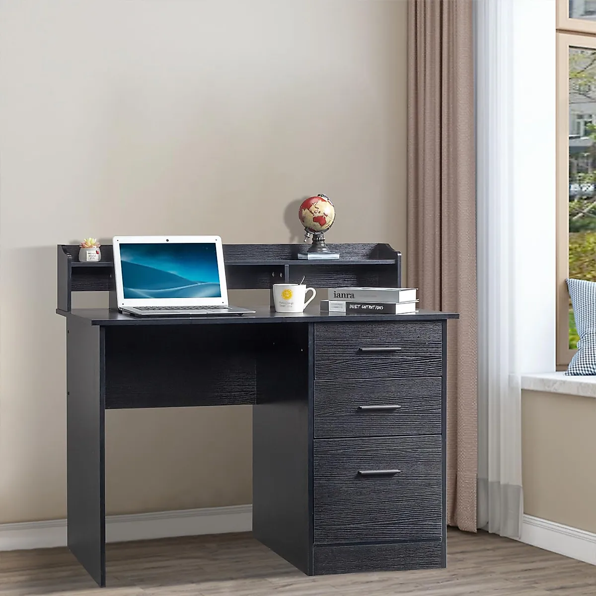 BIVVI Computer Desk with Drawers 43.31" Long Gaming Desk Executive Office Desk File Cabinet Industrial Writing Study Table Bookshelf Workstation PC Laptop Desk Organizer for Home Office Bedroom,Black