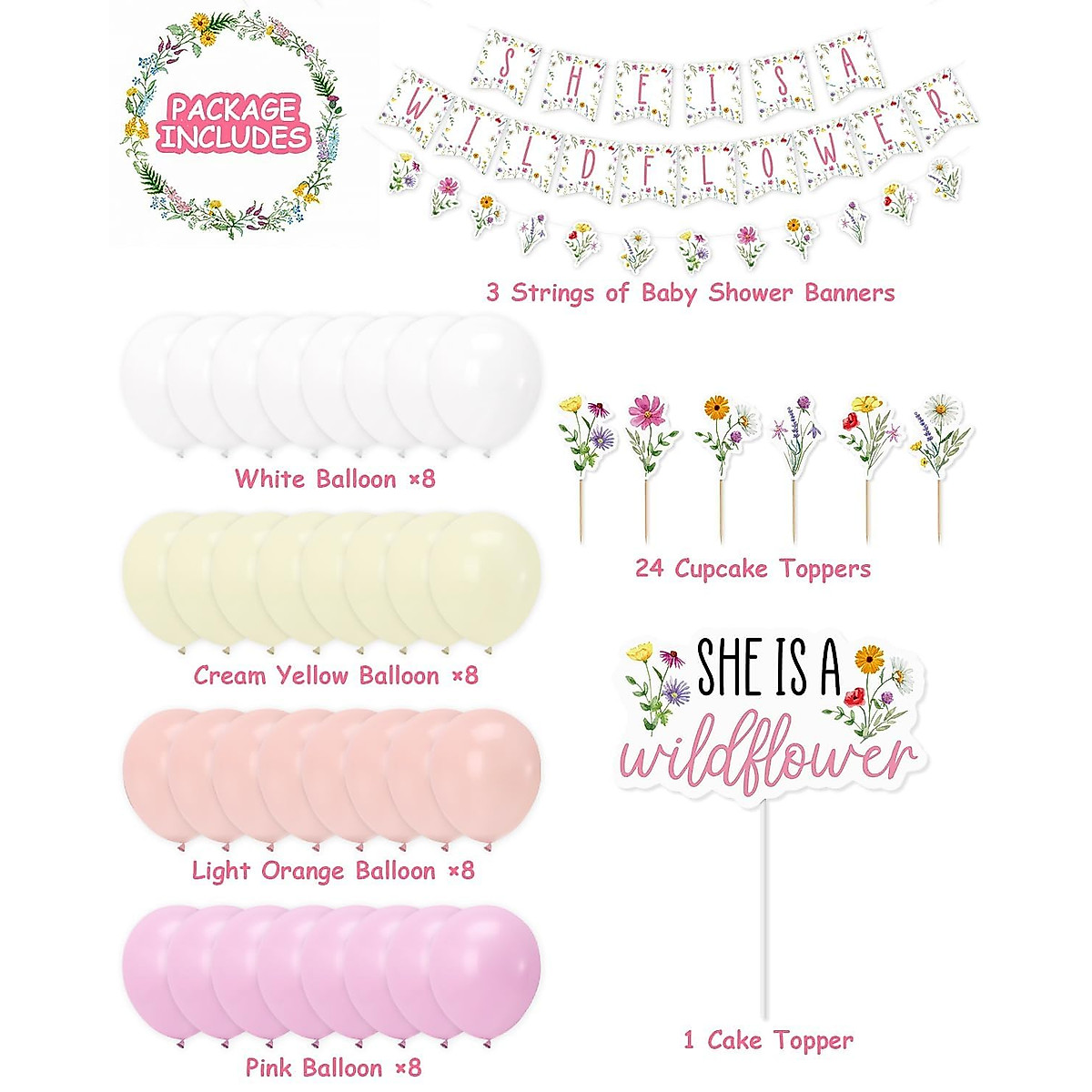 Sinasasspel Wildflower Baby Shower Decorations She Is A Wildflower 1st Birthday Party Banner Cake Cupcake Toppers Summer Flowers Daisy Lavender Leaves Baby Girl Shower Party Decor Supplies