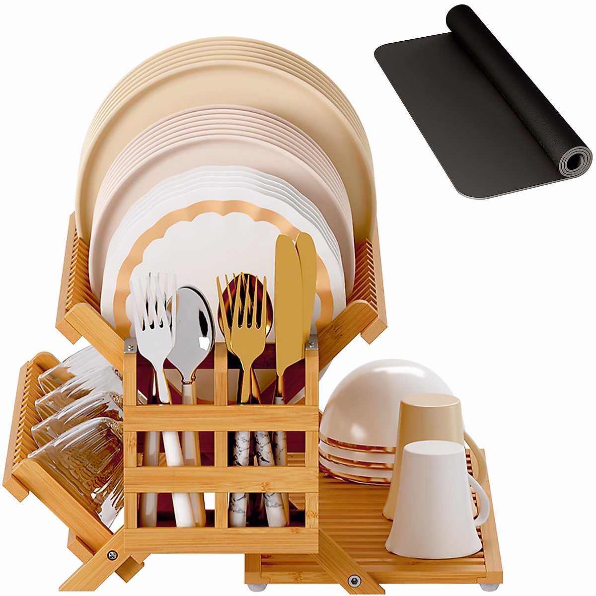 Greenual Bamboo Dish Drying Rack with Utensil Holder, 3 Tier Collapsible Dish Rack, Wooden Dish Racks for Kitchen Counter, Large Folding Drying Holder with Absorbent Dish Drying Mat