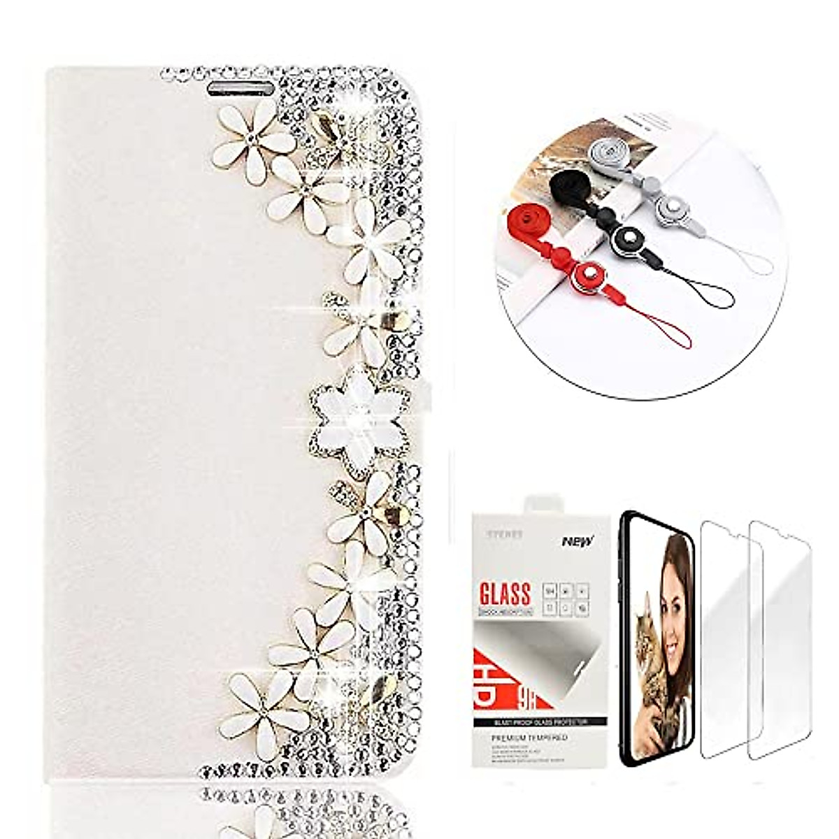 STENES Bling Wallet Phone Case Compatible with Samsung Galaxy Z Fold 5 5G - Stylish - 3D Handmade Flowers Flowers Design Leather Cover with Neck Strap Lanyard & Screen Protector - White