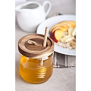 Honey Jar Pot Glass Holder Dispenser Set with Wooden Dipper Stick and Acacia Lid Cover for Home Kitchen, Clear, Modern Honey Syrup Glass Container for Storage Gift, Honey Pot and Drizzler (14 Oz)