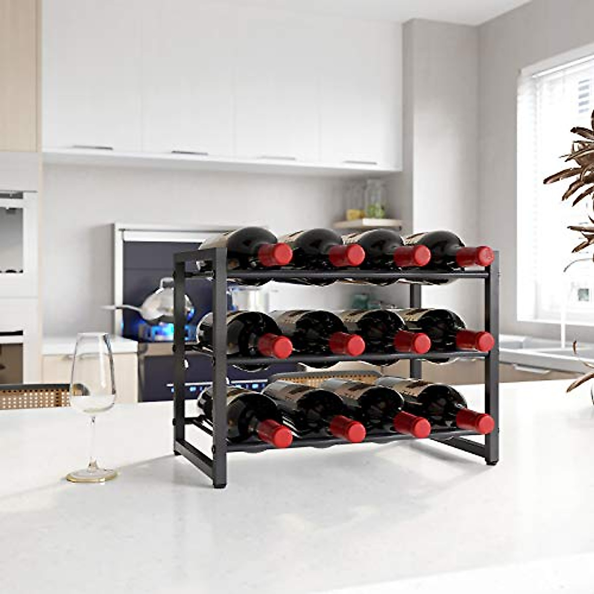 OROPY Wine Rack Freestanding Floor Counter, 3 Tier Display Storage Wine Rack for Countertop, 12 Bottles Wine Rack for Liquor Shelf (Metal Black)