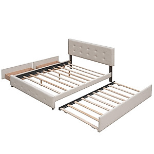 Harper & Bright Designs Upholstered Queen Size Platform Bed with 2 Storage Drawers and 1 Twin XL Trundle, Wood Queen Storage Bed with Linen Fabric for Bedroom Guestroom (Queen, Beige)