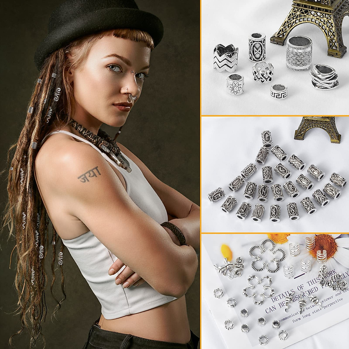 152PCS Vikings Hair Jewelry Norse Runes Tube Beads, Metal Clips Cuffs Rings, Accessories for Braids Dreadlocks Beads for Braiding Beard Decoration Bracelets Pendant Necklace DIY