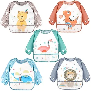 Accmor 5 Pack Long Sleeve Baby Bibs, Waterproof Sleeved Bibs for Eating Feeding, Toddler Baby Girls Boys Smock Bibs for 6-36 Months