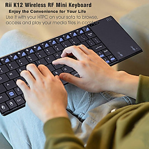 Rii K12+ Mini Wireless Keyboard with Large Touchpad Mouse&Qwerty Keypad, Stainless Steel Portable Wireless Keyboard with USB Receiver for MacBook/iPad/Tablet/PC/Laptop/Smart TV/Raspberry Pi - Black