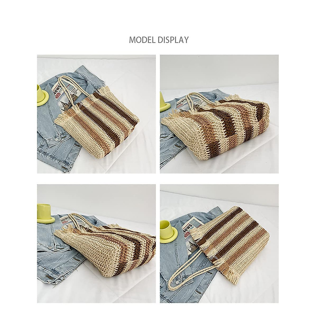 QTKJ Hand-woven Soft Large Straw Shoulder Bag with Tassels and Zipper Boho Straw Handle Tote Retro Summer Beach Bag Rattan Handbag (Beige)