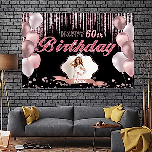 Custom Rose Gold Happy 60th Birthday Decoration Banner - Large Sizes-Personalization with Name and Photo Supported