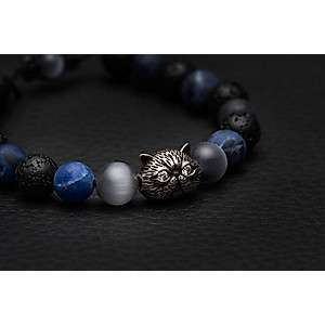 Karseer Vintage Silver Plated Cat Head Stress Relief Reiki Healing Bracelet Matte Natural Sodalite Anti Anxiety Calming Bracelet Lava Rock Oil Diffuser Aromatherapy Bracelet, Cat Lovers Memorial Gift