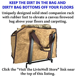 LivinWell Firewood Carrier Log Tote Bag Stands Up for Easy Wood Loading Large Heavy Duty Waxed Canvas Optional Metal Rack for Fireplace Storage Carry Basket with Closed Ends