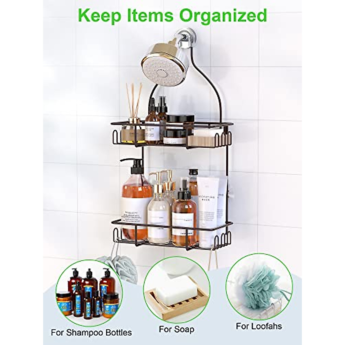SMARTAKE Hanging Shower Caddy, Bathroom Over Head Shower Organizer for Shampoo, Anti-Swing Design 2 Tier Shower Caddy Storage for Toilet or Bathtub, Rustproof Brown 19.2"x 9.8"x4.7"