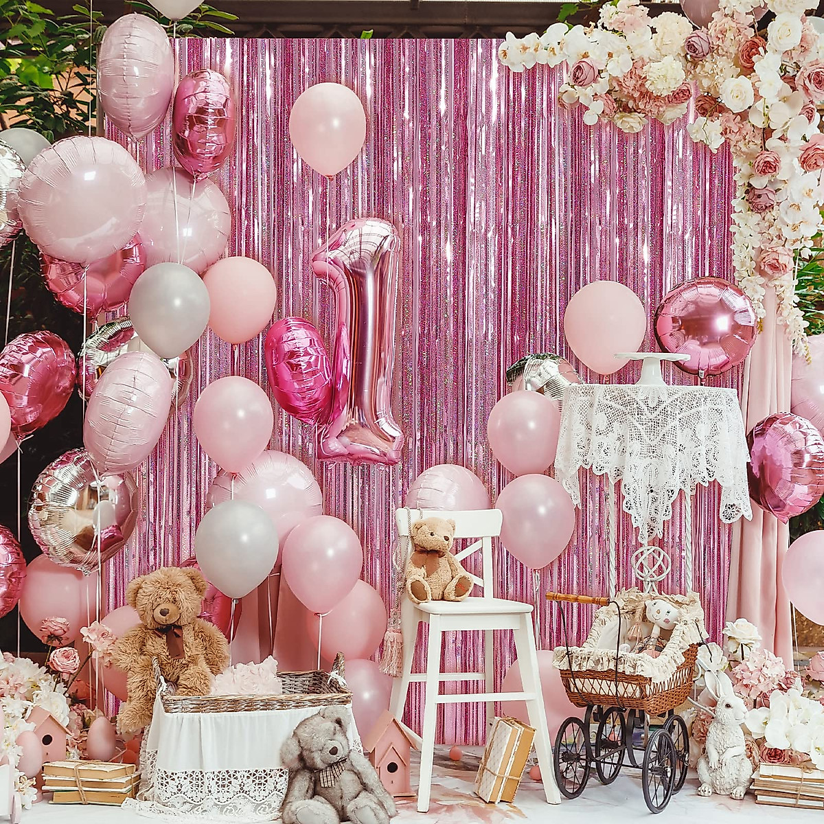 Crosize 3 Pack 3.3 x 9.9 ft Pink Foil Fringe Backdrop Curtain, Streamer Backdrop Curtains, Birthday Party Decorations, Pink Tinsel Curtain for Parties, Galentines Decor, Preppy, Baby Shower