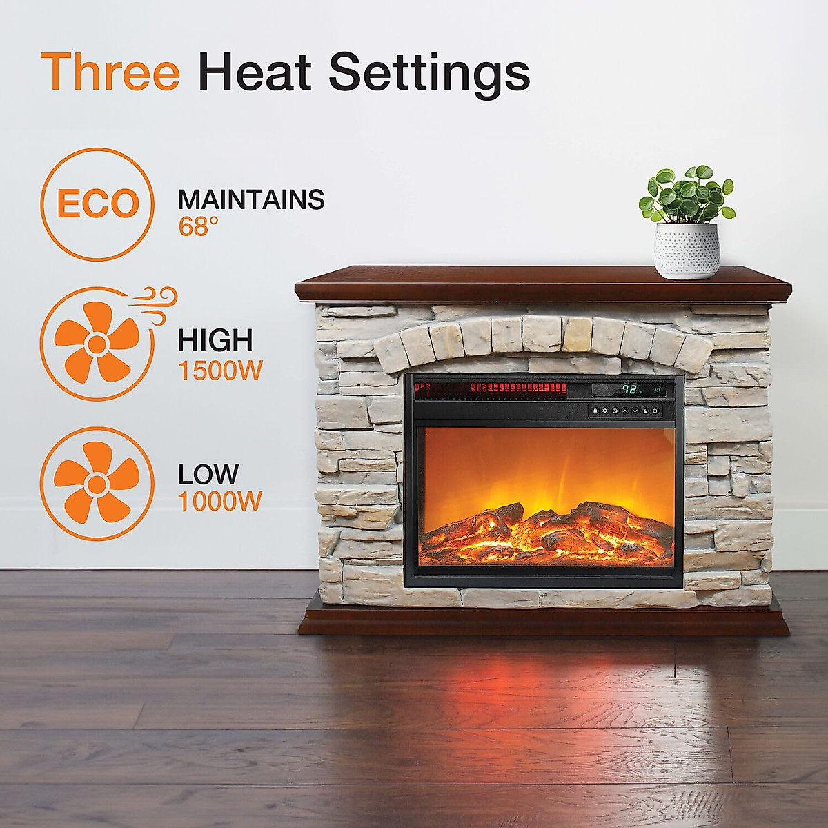 Lifesmart Large Square Infrared Faux Stone Fireplace, Fake Fireplace Heater with Mantel and Adjustable Settings for Living Room, Bedroom