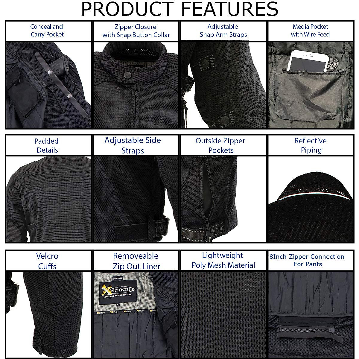 Xelement CF2157 Men's 'Caliber' Black Mesh Motorcycle Jacket with X-Armor Protection - X-Large