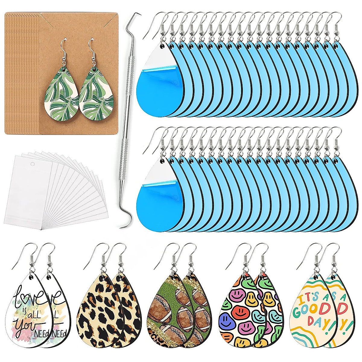 HTVRONT Sublimation Earring Blanks Bulk - 50 Pcs Wood Earrings Blanks with Blue Protective Film - Unfinished MDF Teardrop Earrings for Sublimation Printing with Template, Weeder, Hooks, Jump Rings
