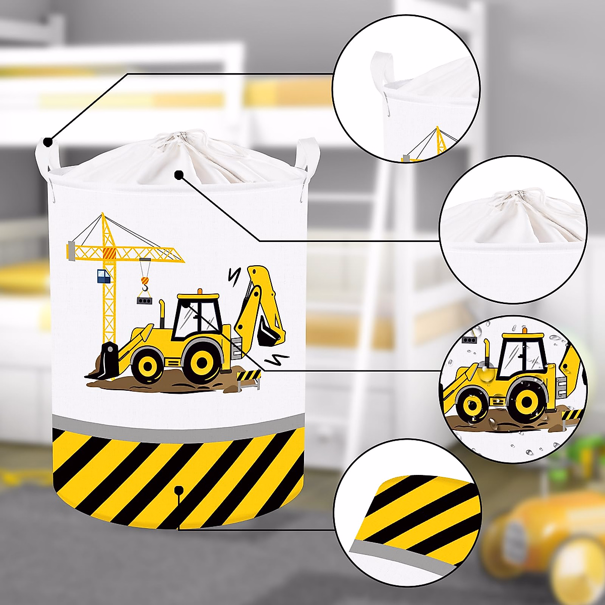 Clastyle 45L Cartoon Yellow Excavator Boys Laundry Basket Bulldozer Crane Engineering Vehicles Kid Hamper Round Toys Clothes Storage Baskets with Drawstring
