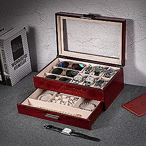 LANDICI Jewelry Box Watch Boxes Organizer for Men Women Gift,Wooden Jewellery Box with Glass Top Display,2 Layer Large 6 Slot Sunglasses Case Holder for Ring Earrings Necklace Bracelet,Walnut Wood