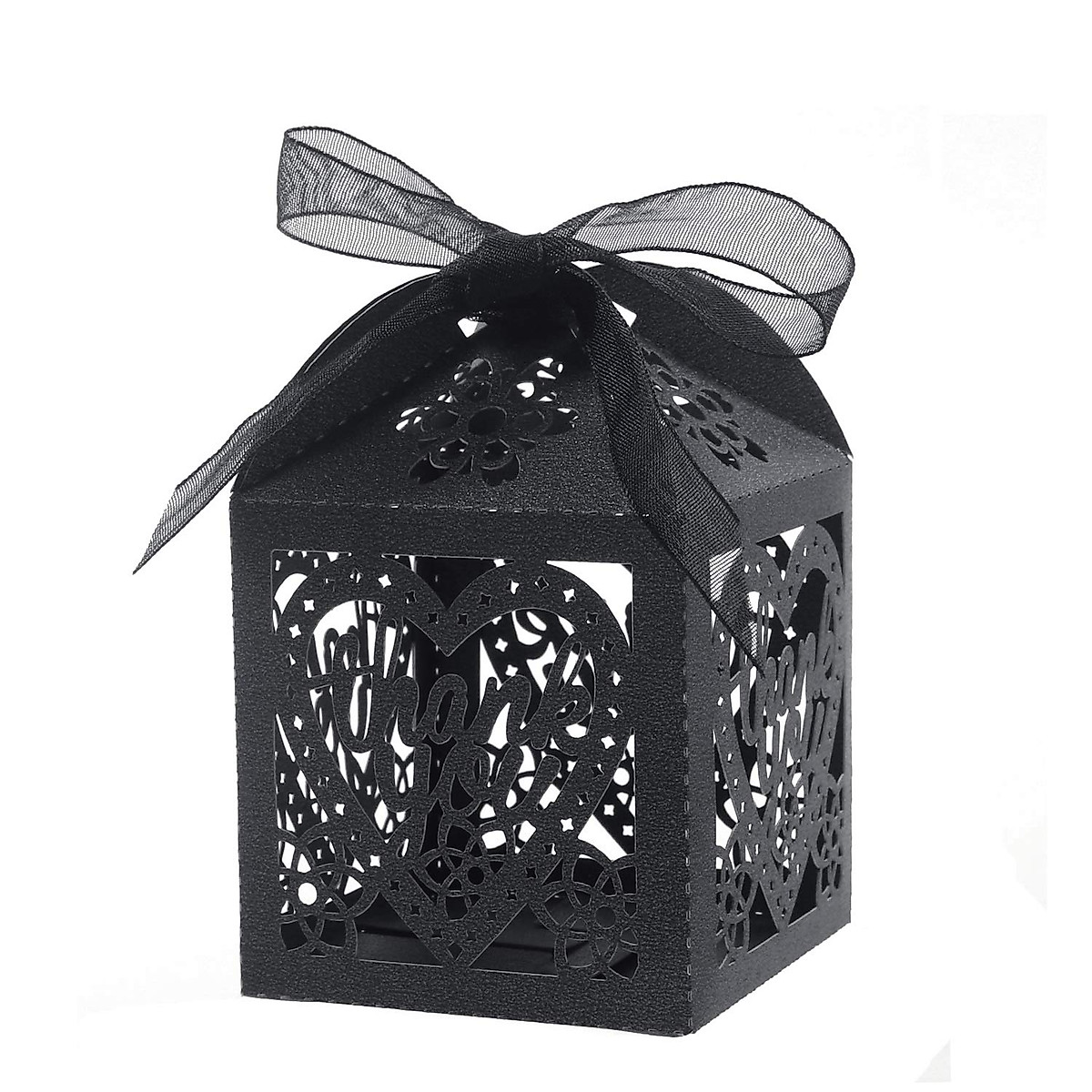 COTOPHER Laser Cut Boxes, 100pcs Thank You Gift Boxes Wedding Party Favor Boxes Lace Candy Boxes for Wedding Baby Shower Birthday Party Decorations with Ribbons (2x2x2.75inch, Black, 100)