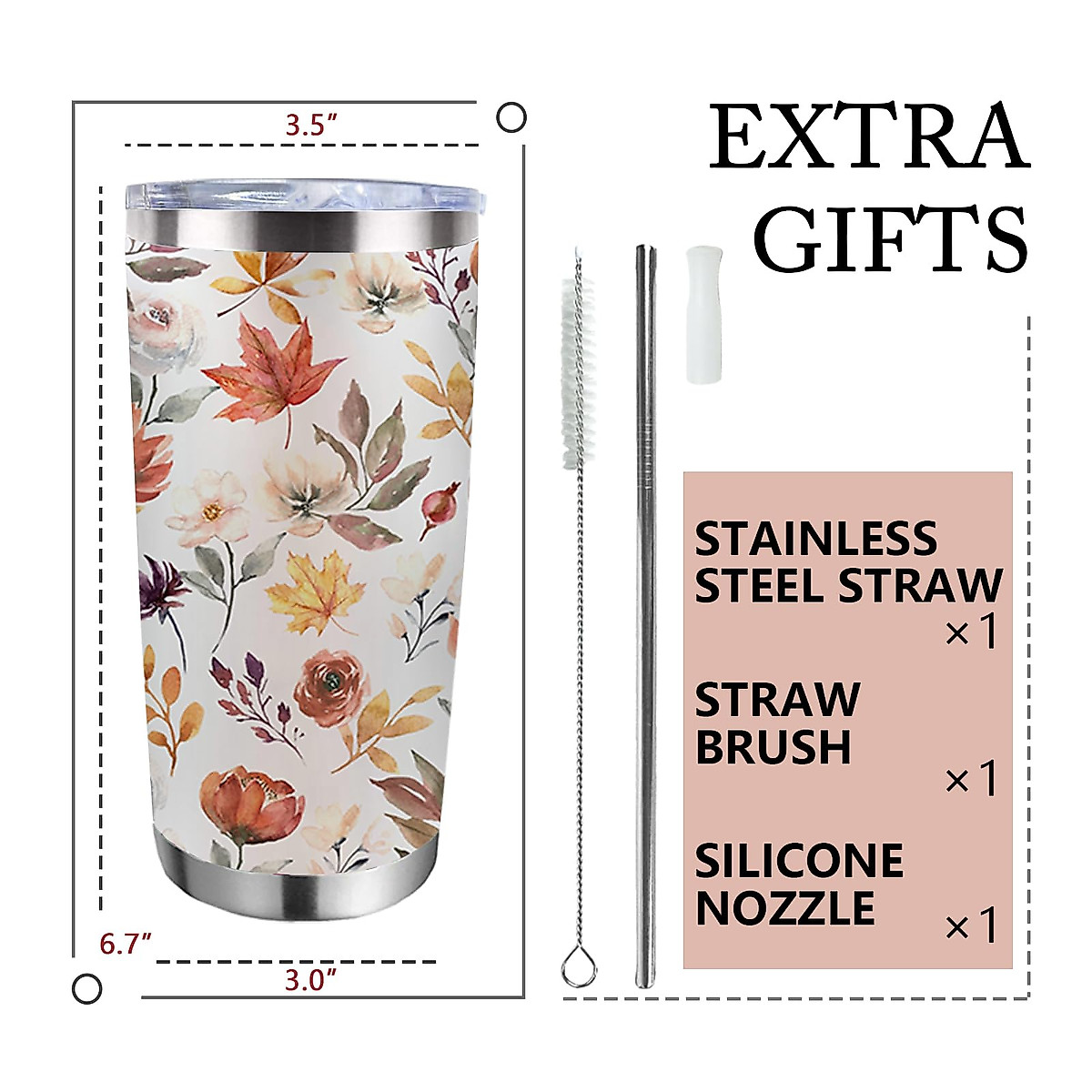 Zzkol Fall Maple Leaves Flower Tumbler with Lid and Straw, Autumn Rose Floral Stainless Steel Travel Coffee Cup, 20oz Farmhouse Double Wall Vacuum Insulated Mug Thanksgiving Gifts