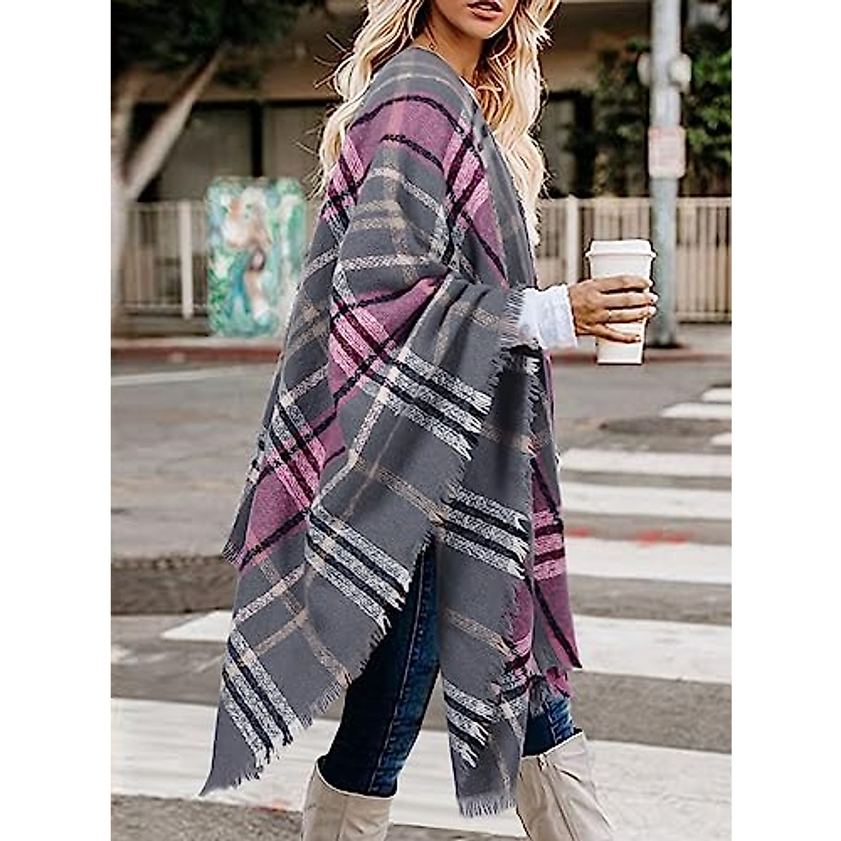 Bestshe Women's Boho Open Front Poncho Knitted Plaid Shawl Wrap Cape Tassel Cardigan Sweater