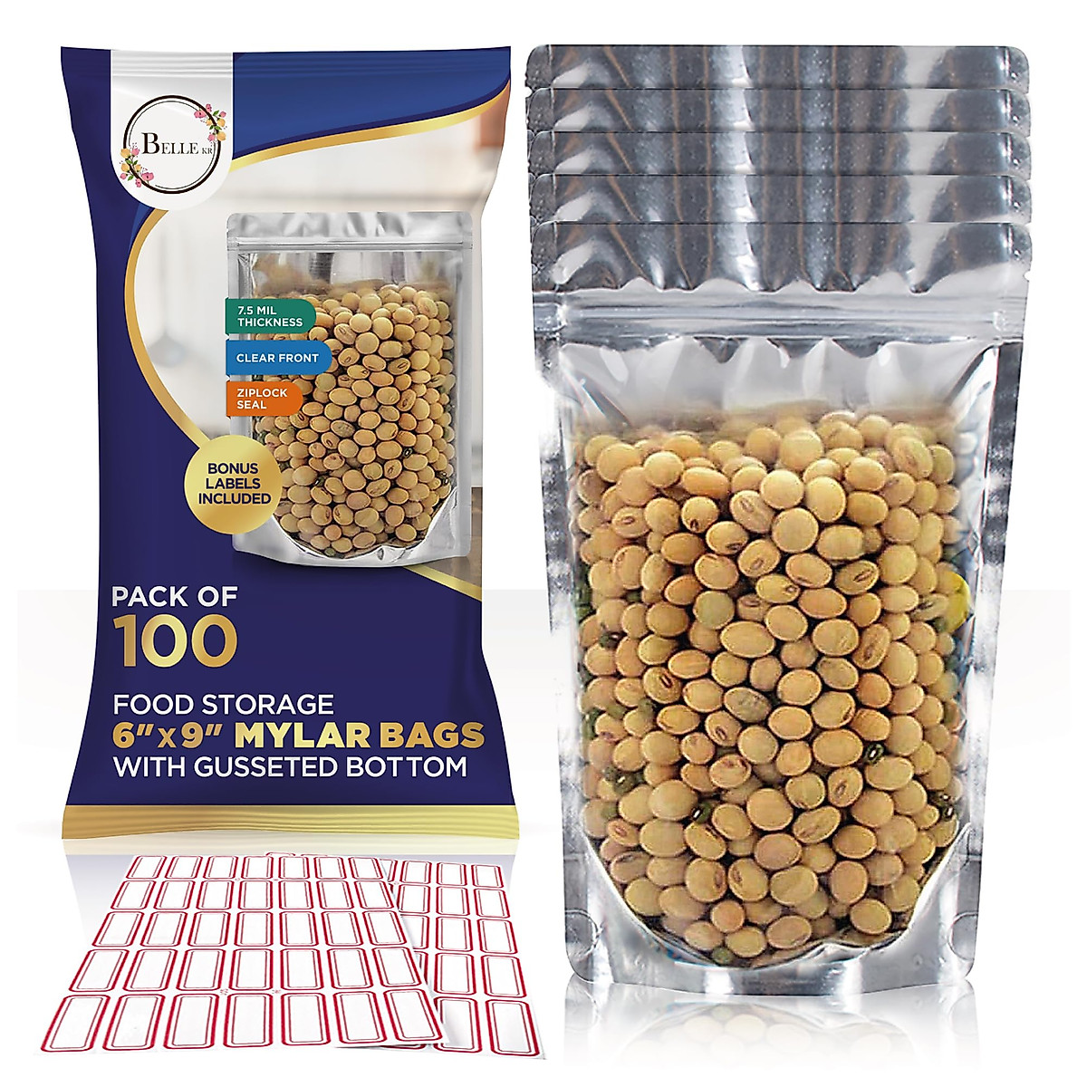 Belle KR - Pack of 300-100 Each of Small, Medium and Large Mylar Bags - Stand Up Clear Front Pouches