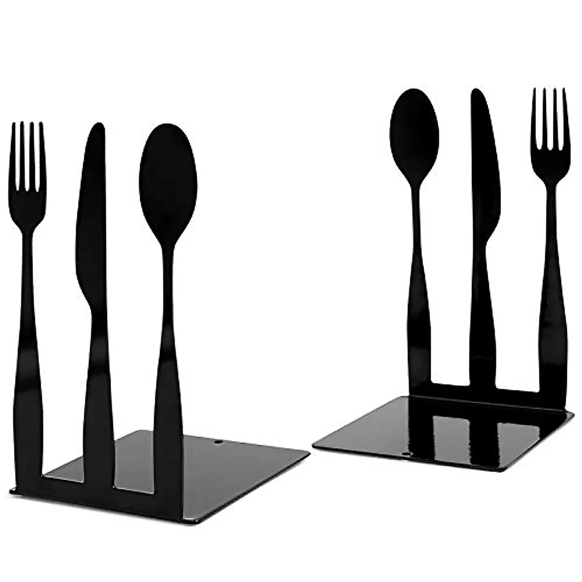 Cookbook Bookends Kitchen Fork Knife Spoon Book Ends Support with Non-slip pad, Black Metal Cookery Book Holder for Kitchen Shelf Mothers Day Teachers Day Housewarming Cooking Lover Gifts (1 Pair)