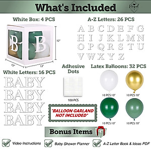 82 PCS Baby Shower Decorations for Boy Girl Kit - Transparent Baby Block Balloon Box Includes BABY, Alphabet Letters White Sage Green Gold Balloons, Gender Reveal Decor, Birthday Party Backdrop