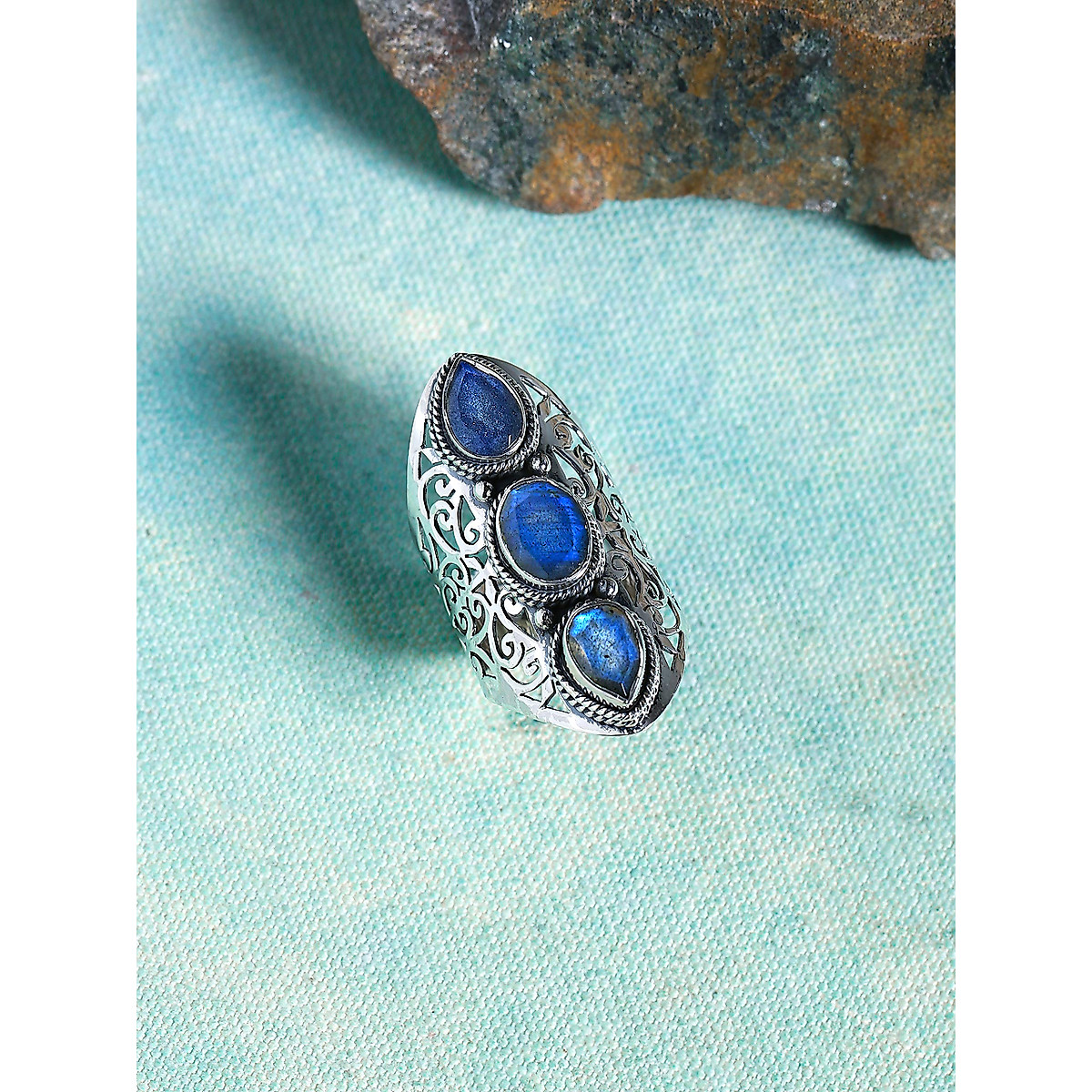 YoTreasure Labradorite Solid 925 Sterling Silver 3 Stone Ring