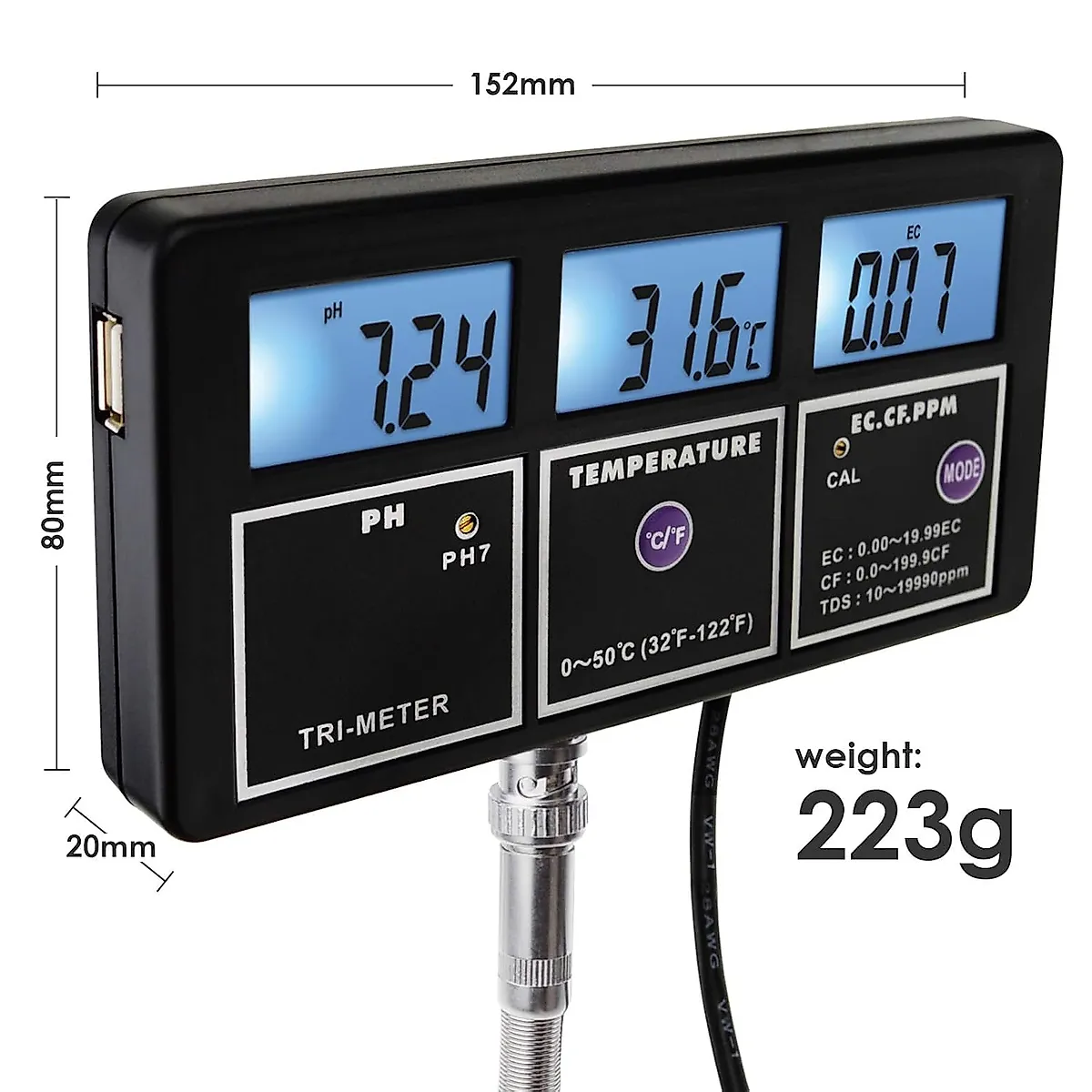 5-in-1 Water Quality Meter, PH EC CF TDS Temperature Multi-Parameter Water Quality Monitor with Backlight, Wall-mountable & Rechargeable, Water Quality Tester for Aquariums, Hydroponics, Lab