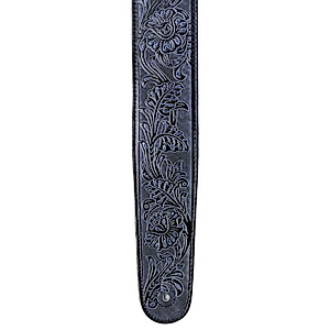 Walker & Williams DLX-282 Handmade Brushed Black Padded Guitar Strap with Embossed Tooling For Acoustic, Electric, And Bass Guitars