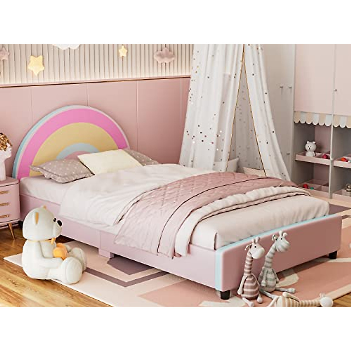 IKIFLY Twin Size Kids Bed, Children Upholstered Twin Platform Bed Frame with Curved Headboard, Pink Toddler Bed for Boys & Girls, Teens, No Box Spring Needed - Rainbow Design