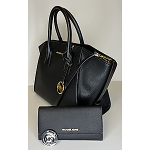 Michael Kors MICHAEL Michael Kors Avril Large Top-Zip Satchel bundled with Trifold Wallet Purse Hook (Black)