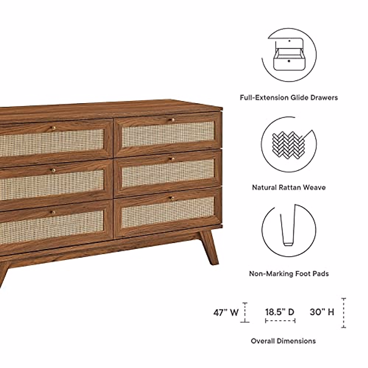Modway Soma 6-Drawer Double Dresser in Walnut