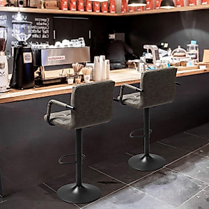 Finnhomy Bar Stools Set of 2 Counter Height, Swivel Barstools with Armrest and L Shape Thicken Cushion Back, Height Adjustable Modern Bar stools for Kitchen, Vintage Leather, Retro Grey