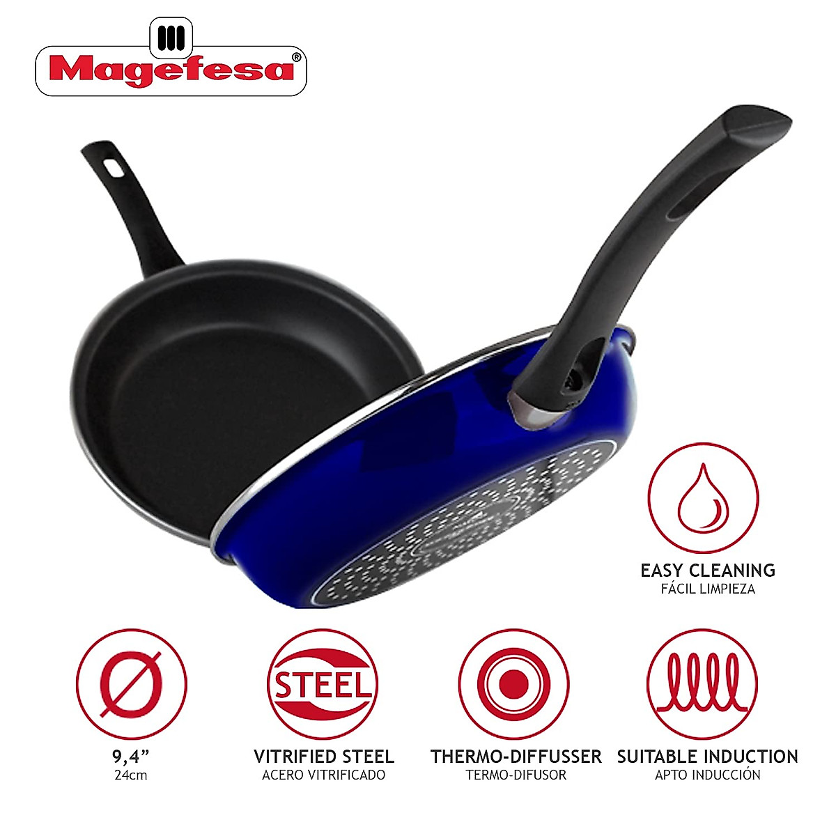 MAGEFESA ® Frittata spanish tortilla frying pan, 9.4 in, blue, double layer non-stick frying pan, vitrified steel, compatible with all types of fire, including induction, Dishwasher safe, Ergonomic