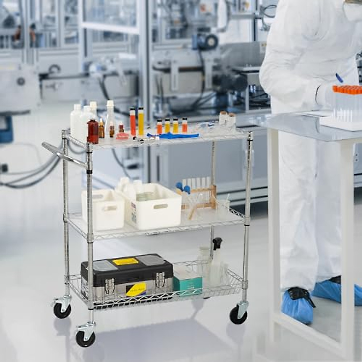 VEVOR Kitchen Utility Cart, 3 Tiers, Wire Rolling Cart with 661 LBS Capacity, Steel Service Cart on Wheels, Metal Storage Trolley with 80 mm Deep Basket Curved Handle PP Liner 6 Hooks, NSF Listed