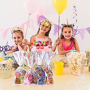 QTOP Cellophane Treat Bags,Iridescent Holographic Goodie Bags, Clear Cello Bags with Twist Ties for Birthday Party Favors, Valentines, Easter, Weddings