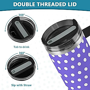 Flradish 30oz Tumbler with Handle, Polka Dots Purple White Stainless Steel Tumbler with Lid and Straws Double Wall Vacuum Insulated Leakproof Coffee Travel Mug