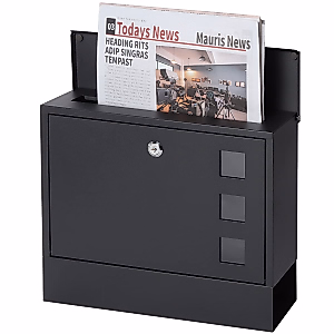 Kasten Wall-Mount Mailbox for Outside, Large Capacity Metal Mailbox with Newspaper Compartment, 14.3 x 4.1 x 11.8 Inch, Black