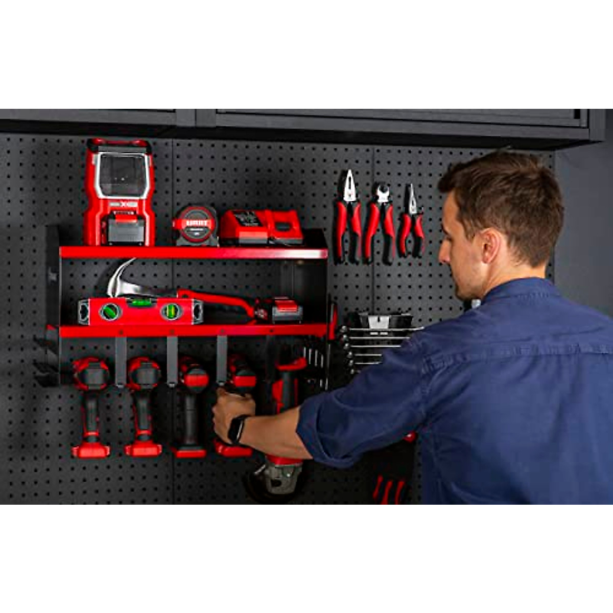 Toolganize Power Tool Organizer & Storage Wall Mount - Heavy Duty Metal Drill Holder & Cordless Tool Organizers Chest Rack - Premium Garage Utility Shelf & Pegboard Shed Workshop Shelving - Red